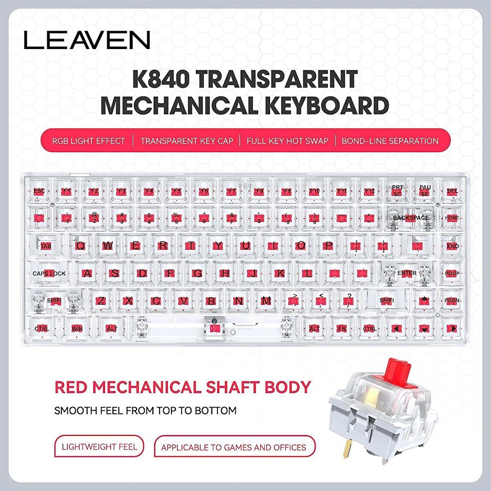 Leaven K840 Type-C Kablolu Klavye Led RGB 104 Tuşlu Şeffaf Tuş Takımı Gökkuşağı Renler Mekanik ...