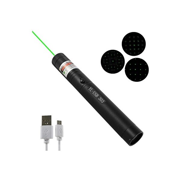 Yeni Nesil Micro USB Şarjlı Güçlü Yeşil Lazer Pointer Siyah Metal Kasa ...