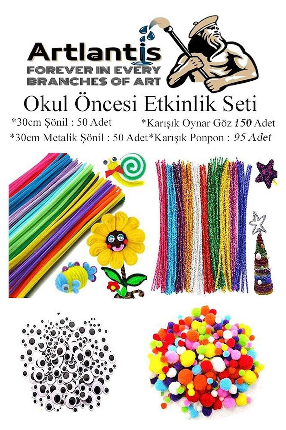 Okul Öncesi Etkinlik Seti 1 Paket Ponpon Şönil Oynar Göz Anaokulu ve Kreş Seti Pon Pon Tüylü Tel ...