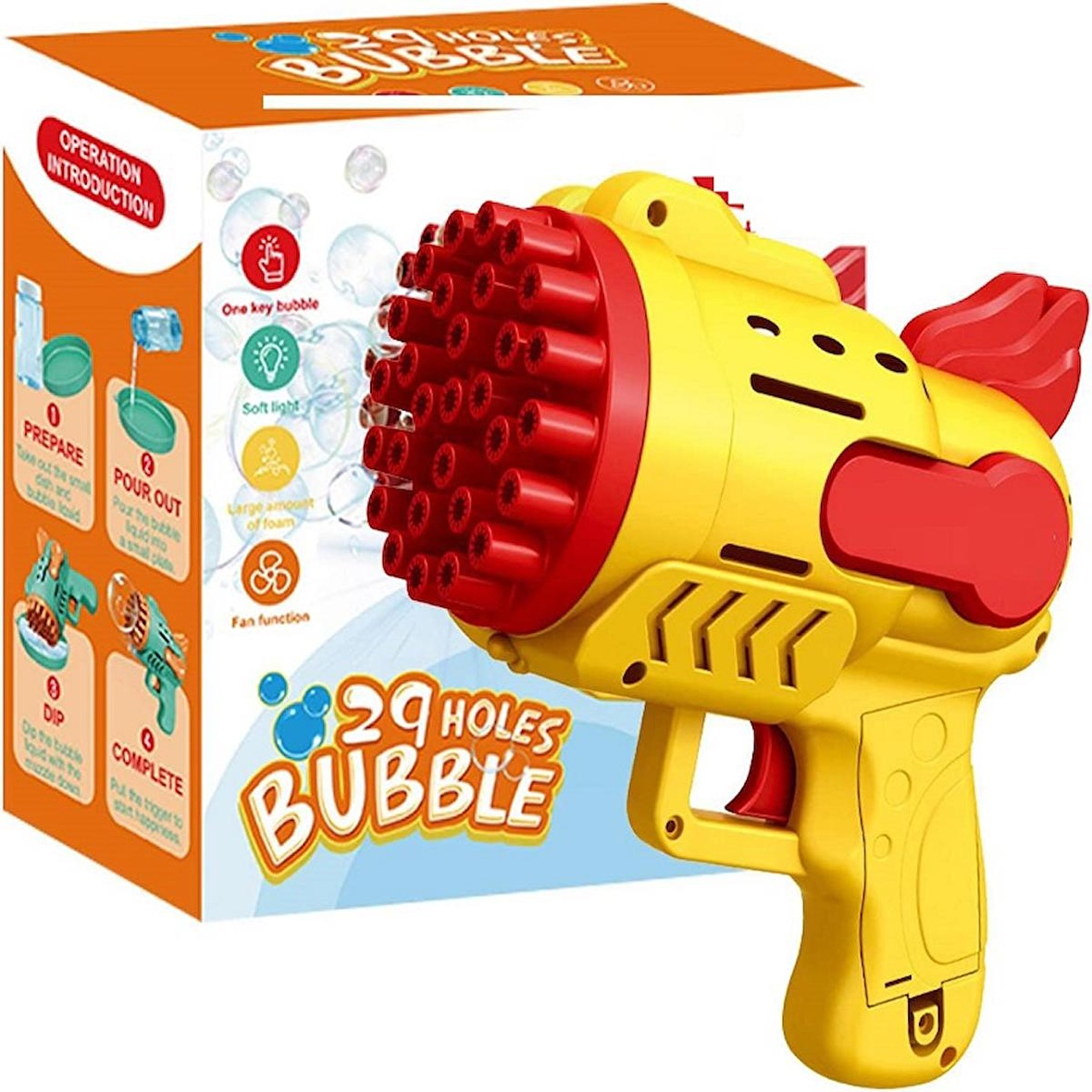 LED LİGHT 29 HOLES BUBBLES GUN 29 DELİKLİ ÇOKLU KÖPÜK ATAN TABANCA SARI ...