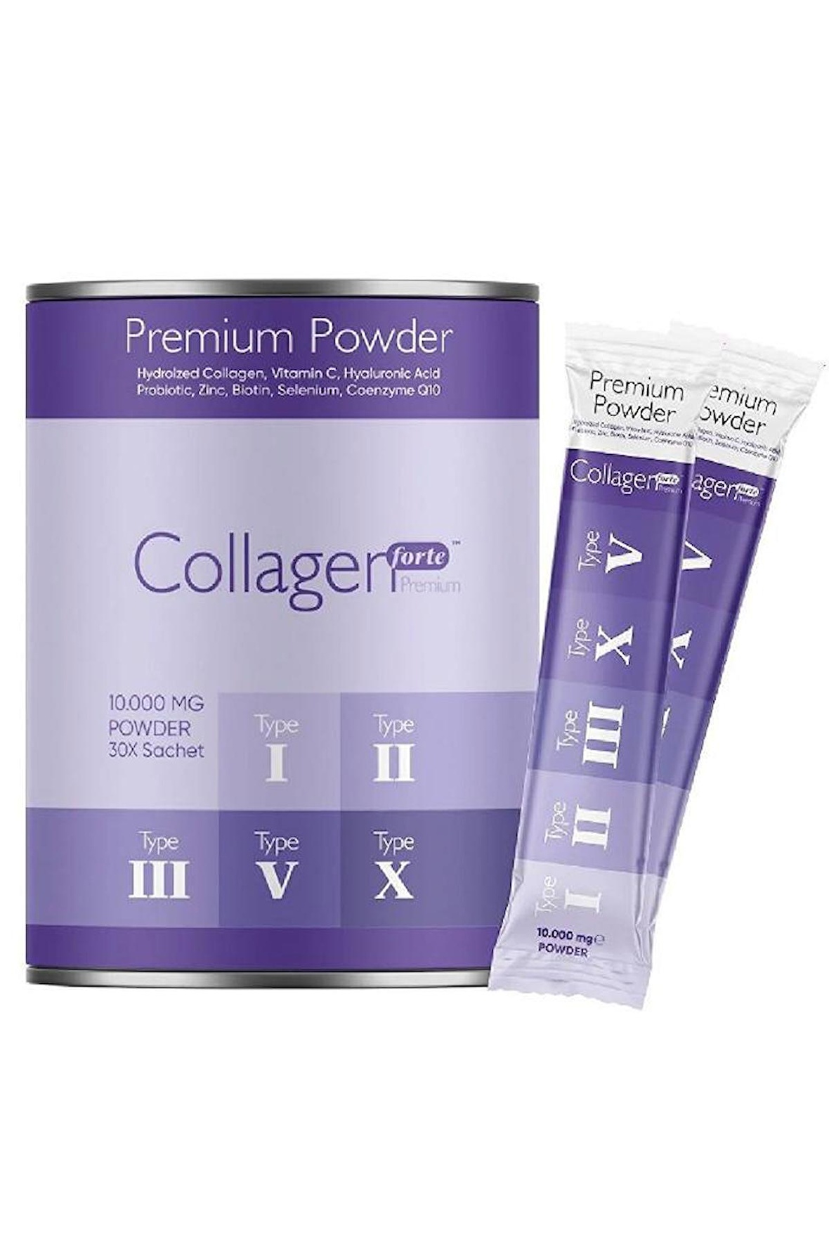 Collagen Forte Premium Powder (TOZ) 5 Tip Kolajen 10.000mg x 30 Şase, Orman Meyveli Aroma ...