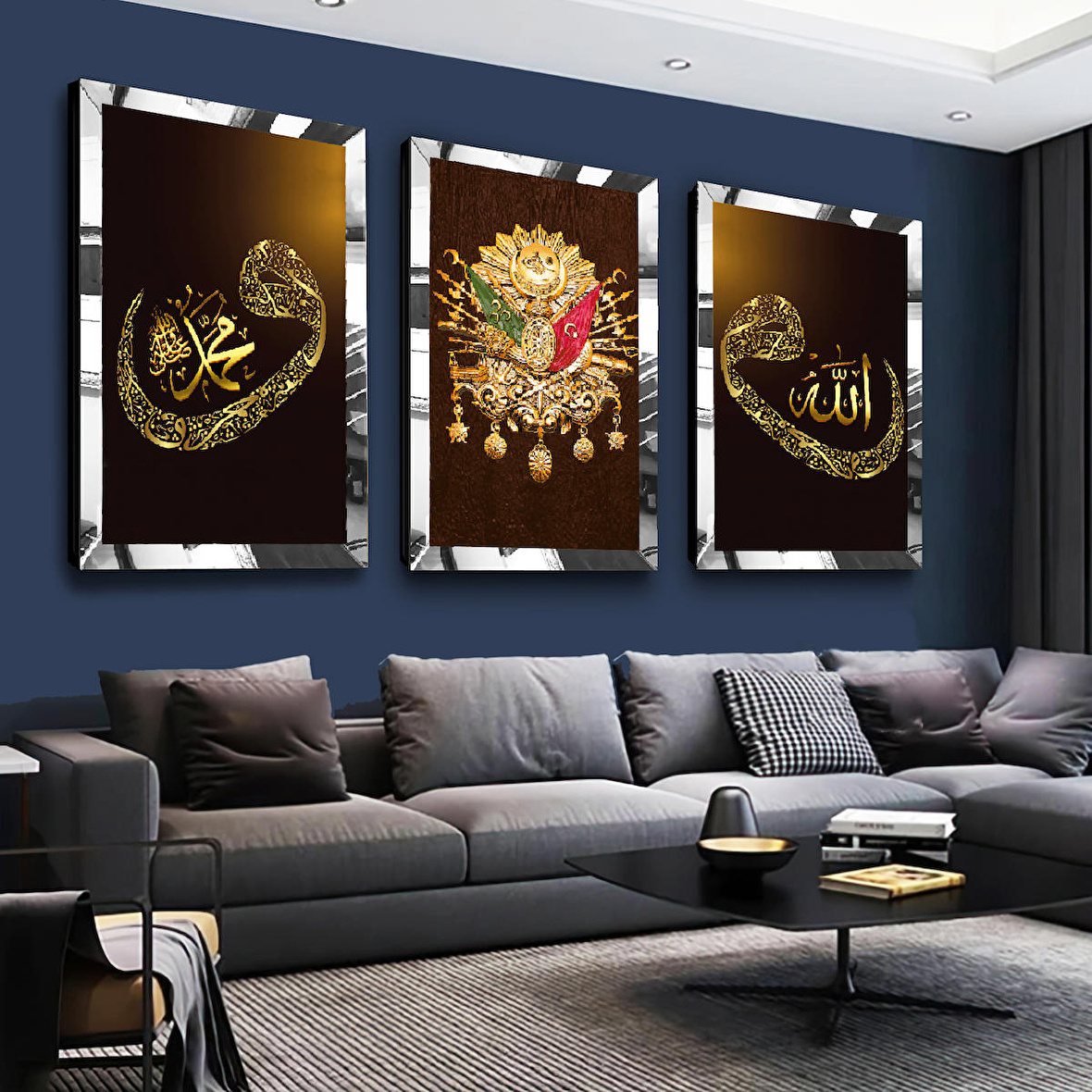 Osmanlı Tuğrası ve Elif Vav GÜMÜŞ Pleksi Kenar 3'lü Mdf Tablo Seti ...