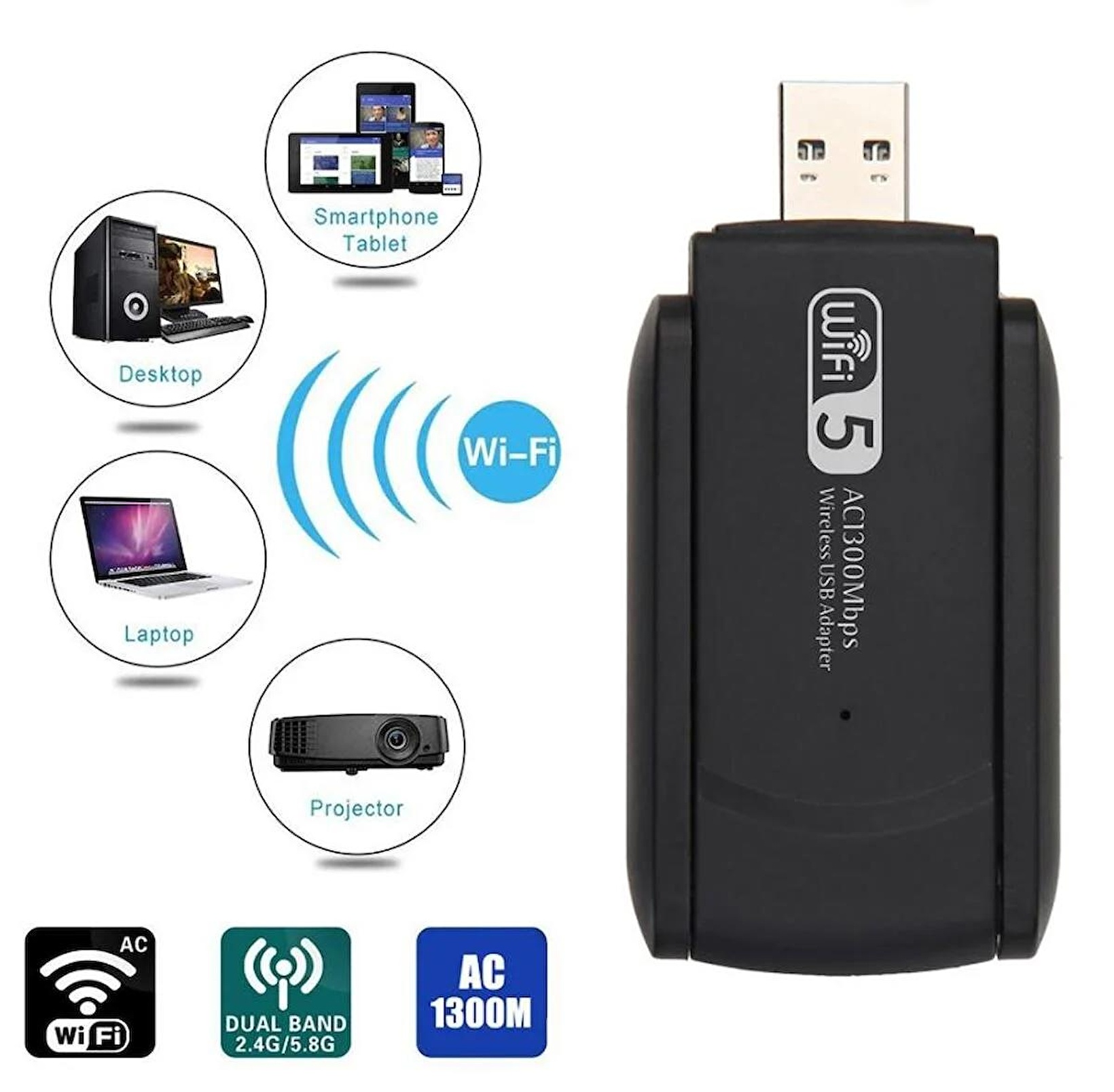 Kablosuz WiFi USB3.0 adaptörü 1300Mbps Dual Band 2.4G 5Ghz kablosuz ...