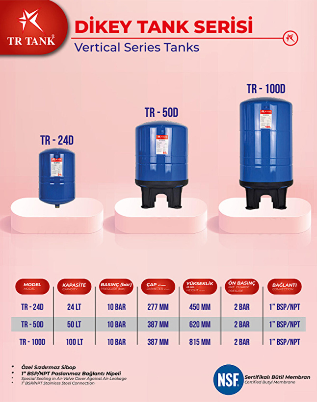 TrTank Profesyonel 50 Litre Dikey Ayaklı NSF Membranlı Hidrofor ...