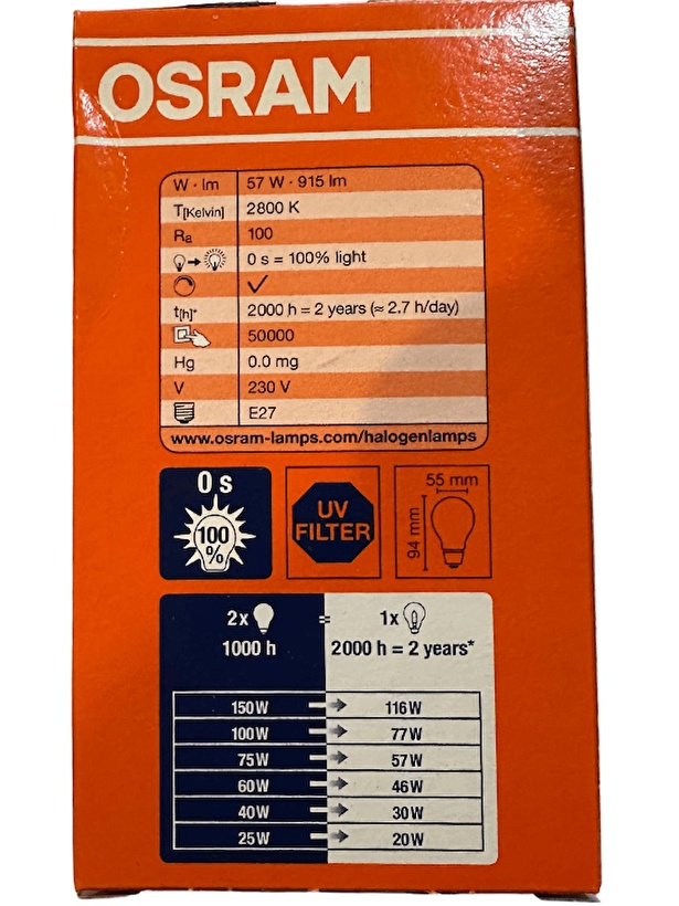 Osram 64544 57W (75W) 2800K (Sarı Işık) E27 Duylu Eski Tip Ampul (4 ...